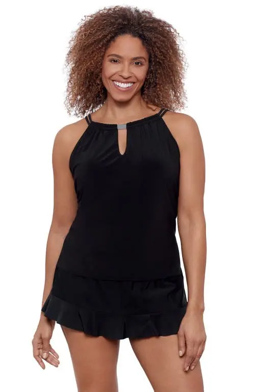 AQUA GREEN High Neck Keyhole Tankini Swimsuit Top - Black