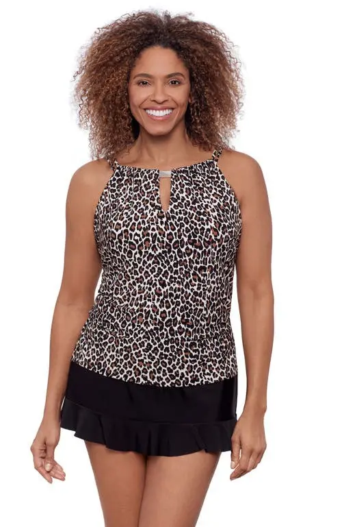 AQUA GREEN High Neck Keyhole Full Coverage Adjustable Tankini Swimsuit Top - Desert Leopard