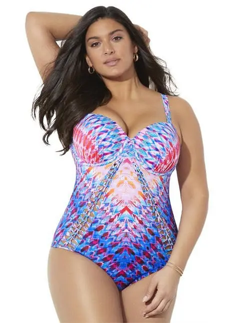 SWIMSUITS FOR ALL Macrame Underwire One-piece Swimsuit - Blue Purple Engineered