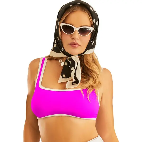 SWIMSUITS FOR ALL Square Neck Longline Bikini Top - Fluorescent Pink White