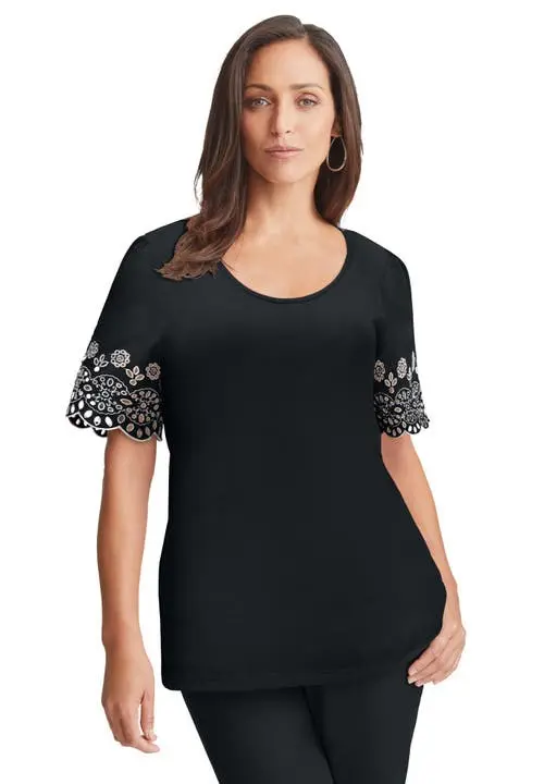 JESSICA LONDON Eyelet Scoop-neck Tee - Black Medallion Embroidery