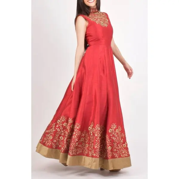 RAAS Embroidered Silk High Neck Gown With Net Drape - Red
