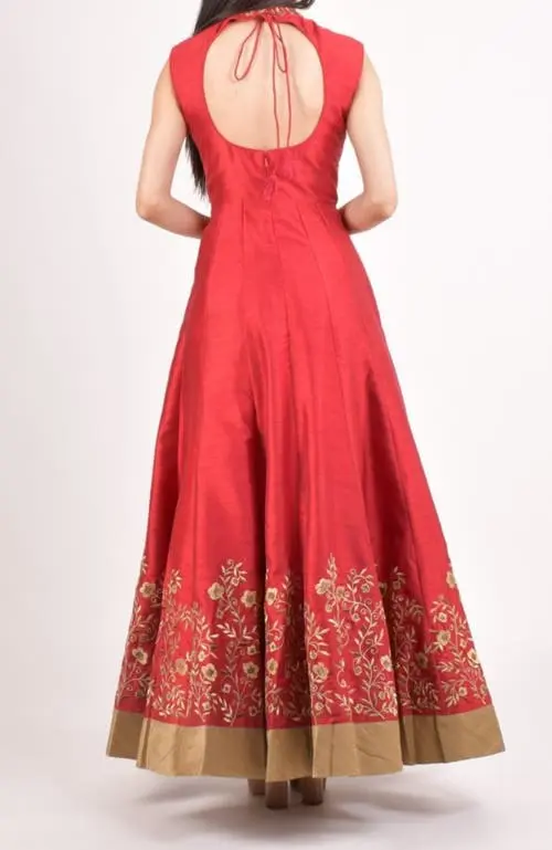 RAAS Embroidered Silk High Neck Gown With Net Drape - Red