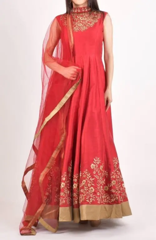 RAAS Embroidered Silk High Neck Gown With Net Drape - Red
