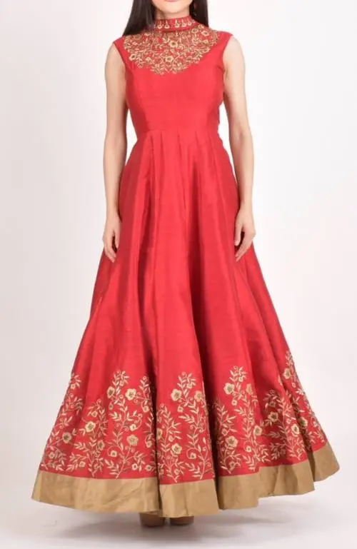 RAAS Embroidered Silk High Neck Gown With Net Drape - Red