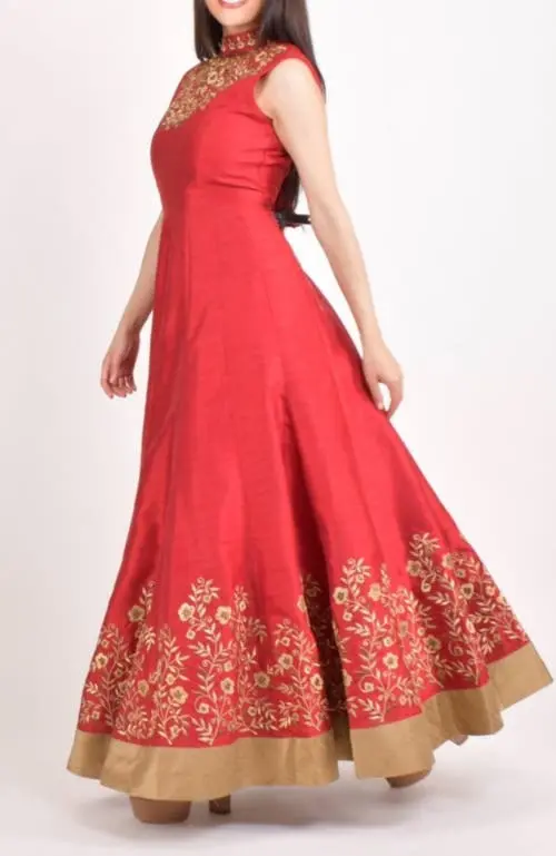 RAAS Embroidered Silk High Neck Gown With Net Drape - Red