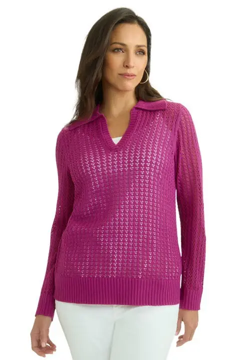 JESSICA LONDON Pullover Crochet Polo - Raspberry
