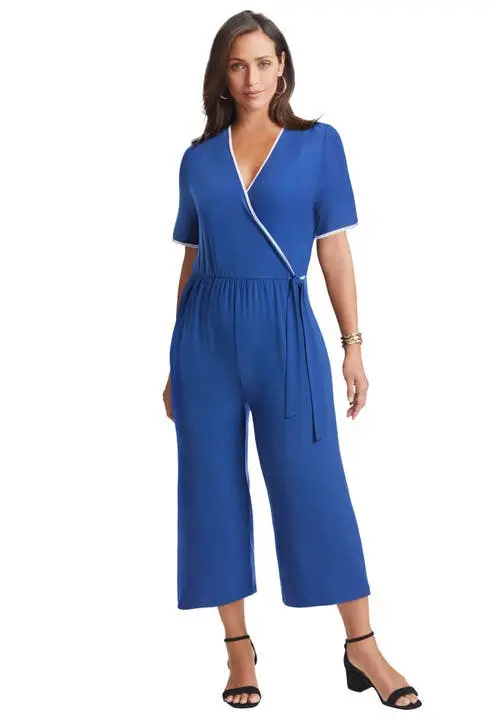 JESSICA LONDON Stretch Knit Cropped Wide Leg Jumpsuit - Dark Sapphire