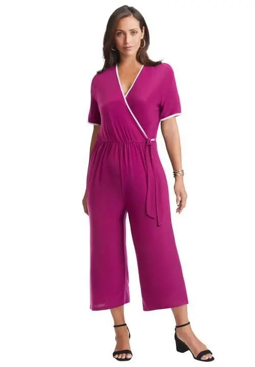 JESSICA LONDON Stretch Knit Cropped Wide Leg Jumpsuit - Raspberry