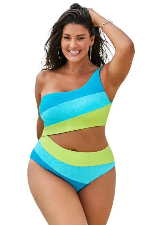 SWIMSUITS FOR ALL One-shoulder Color Block One-piece Swimsuit - Cool Sparkle