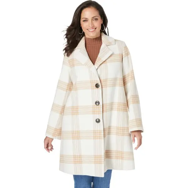JESSICA LONDON Wool Swing Coat - Ivory Dashed Plaid