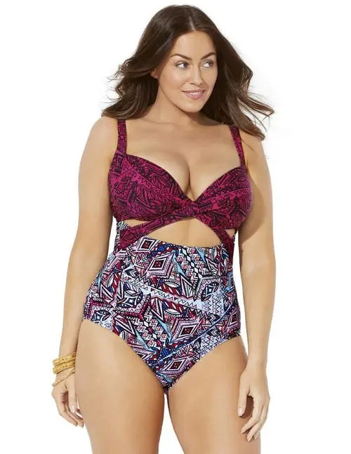 SWIMSUITS FOR ALL Cut Out Underwire One Piece Swimsuit - Aztec