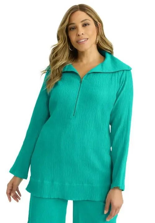 JESSICA LONDON Gauze Half-zip Tunic - Aqua Sea