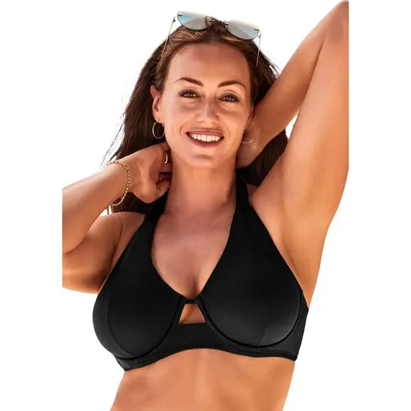 SWIMSUITS FOR ALL Underwire Halter Bikini Top - Black