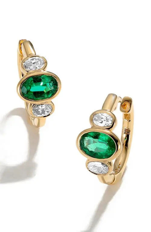 MARK HENRY Three Stone Oval Cut & Diamond Huggie Hoop Earrings - Emerald