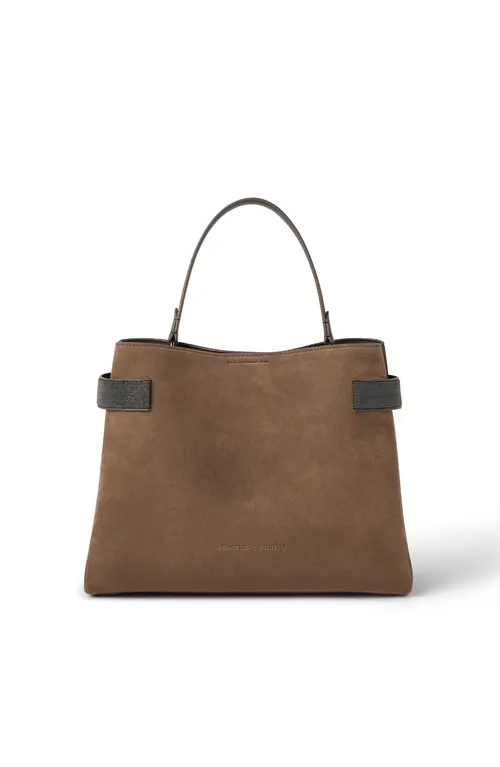 Brunello Cucinelli Suede Top Handle Essence Bag - Bark