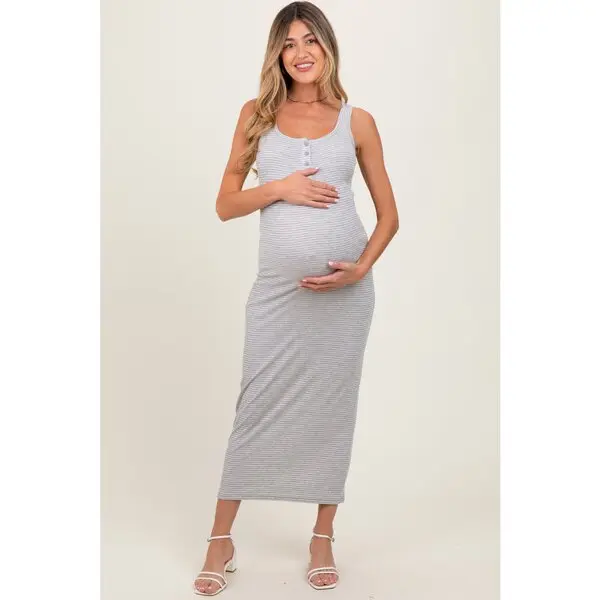 PINKBLUSH Striped Button-front Sleeveless Maxi Dress - Heather Grey