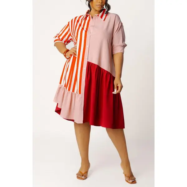 BUXOM COUTURE Mixed Print Shirtdress - Red Multi