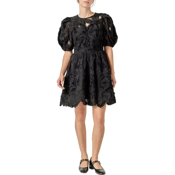 English Factory Flower Detail Puff Sleeve Dress - Black