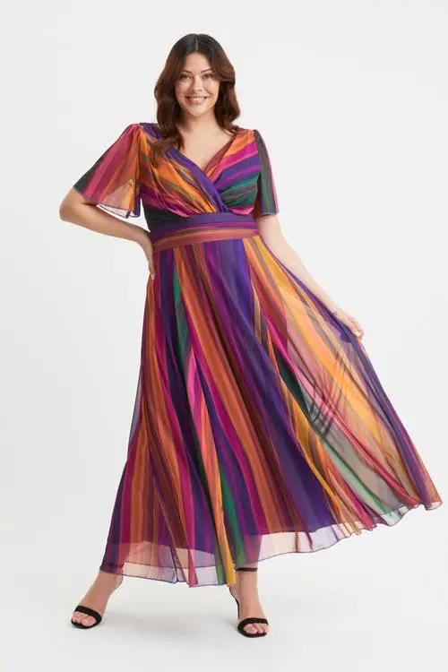 SCARLETT & JO Isabelle Floral Print Maxi Dress With Angel Sleeves - Multi Stripe