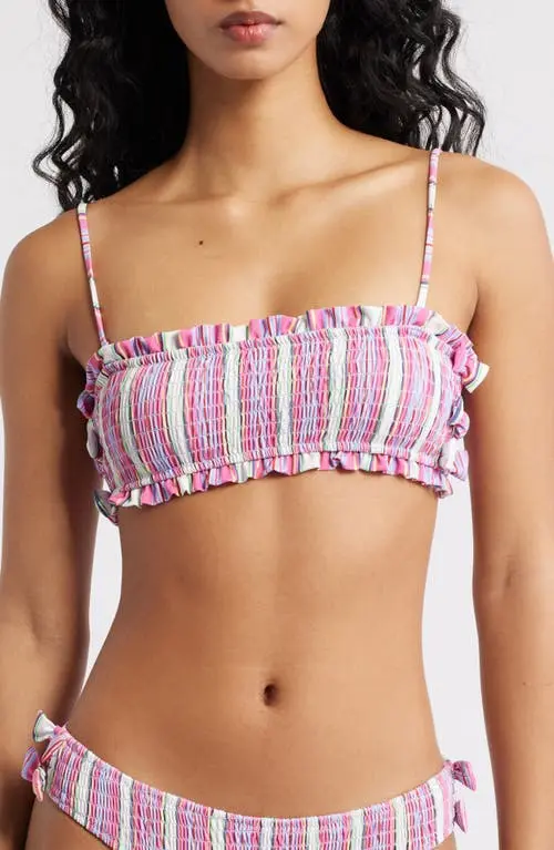 DAMSON MADDER Stripe Smocked Bandeau Bikini Top - Pink