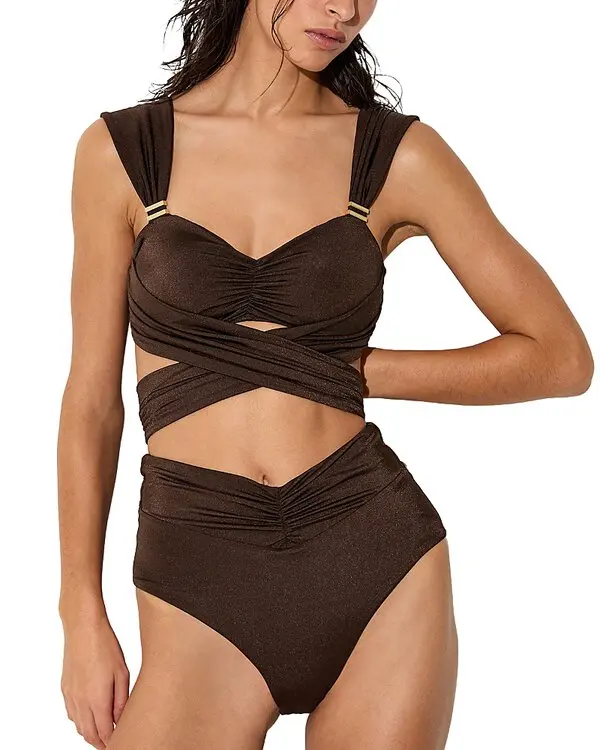 REISS Maisie High Waisted Ruched Bikini Bottom - Chocolate