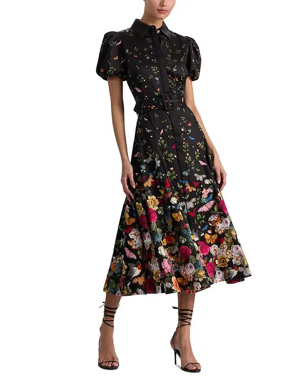 Alice + Olivia Henrietta Floral Print Midi Dress - Solar Strength Black