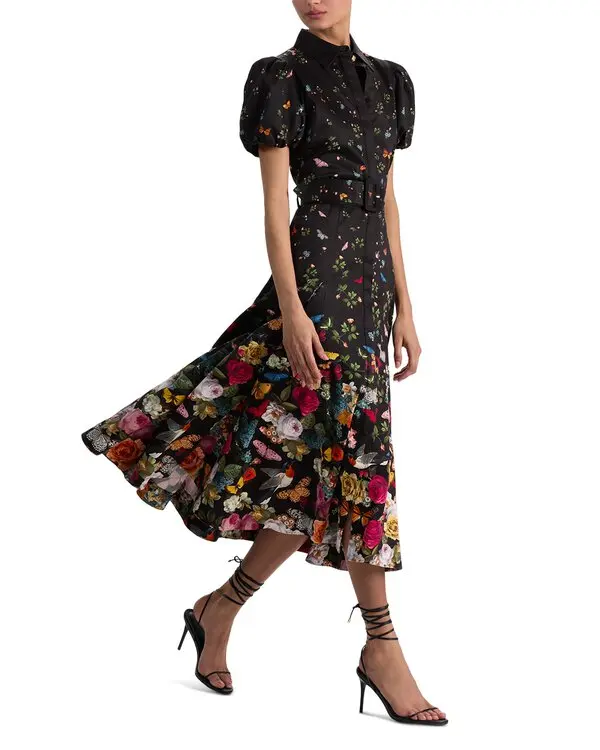 Alice + Olivia Henrietta Floral Print Midi Dress - Solar Strength Black