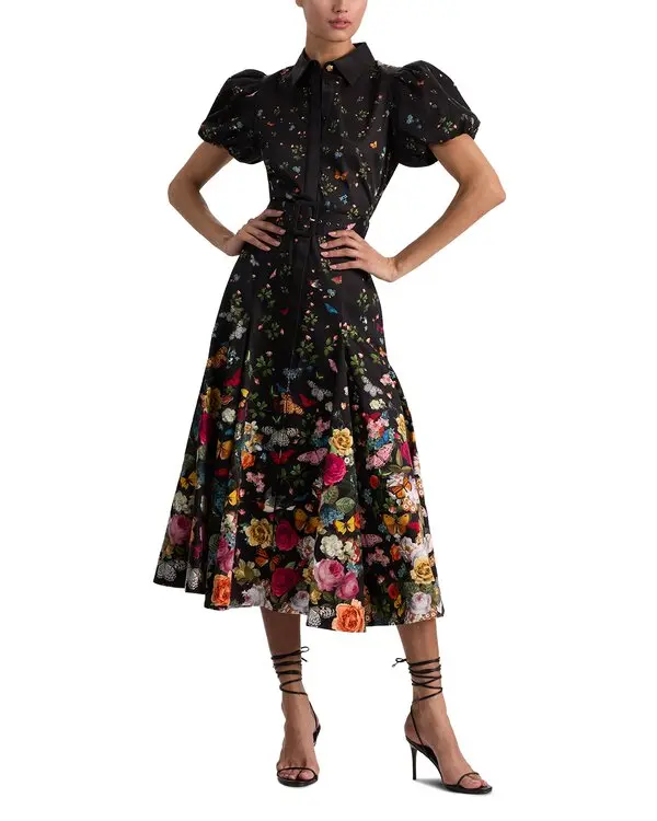 Alice + Olivia Henrietta Floral Print Midi Dress - Solar Strength Black