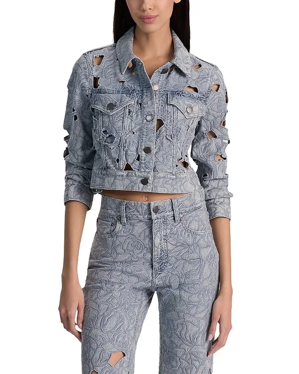 Alice + Olivia Embroidered Denim Cropped Jacket - Rockstar Blue