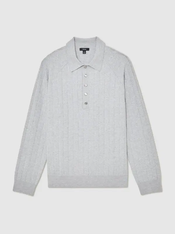 REISS Wide-ribbed Half-button Polo Jumper - Soft Grey