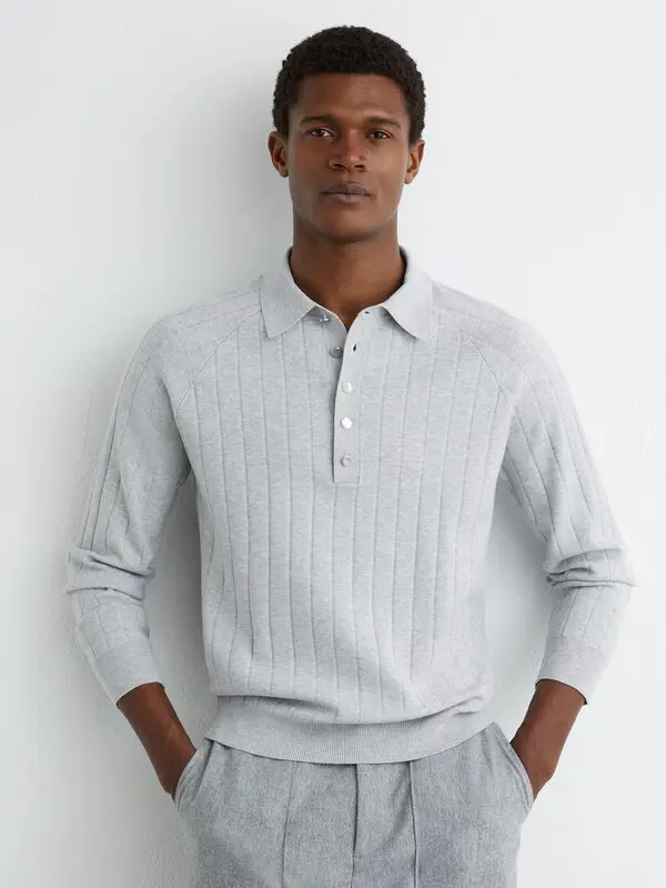 REISS Wide-ribbed Half-button Polo Jumper - Soft Grey
