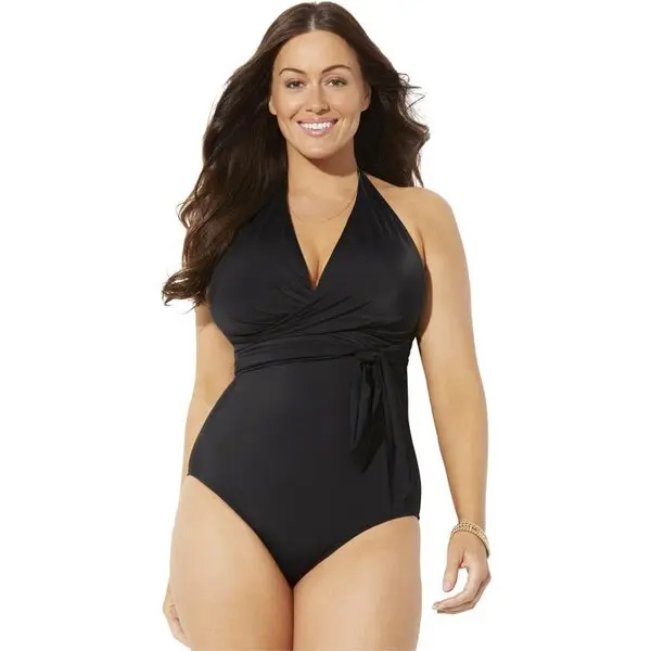 SWIMSUITS FOR ALL Faux Wrap Halter One Piece Swimsuit - Black