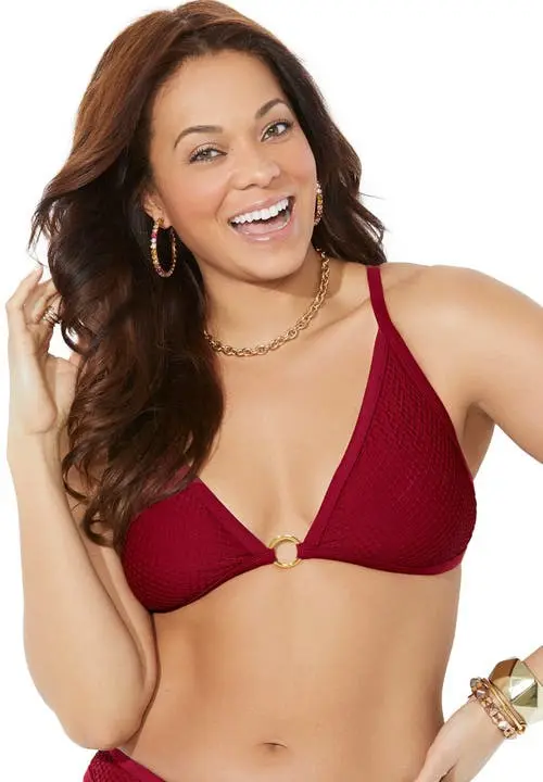 SWIMSUITS FOR ALL O-ring Knit Mesh Overlay Bikini Top - Maroon