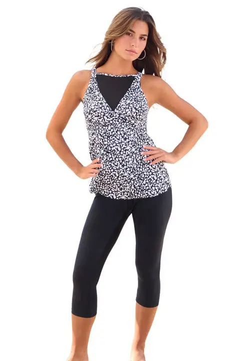 SWIM 365 Mesh-insert Twist Front Tankini - Black White Abstract