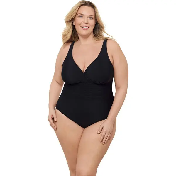 AQUA GREEN V-neck Surplice Trim Overlay Full Coverage One-piece Swimsuit - Black