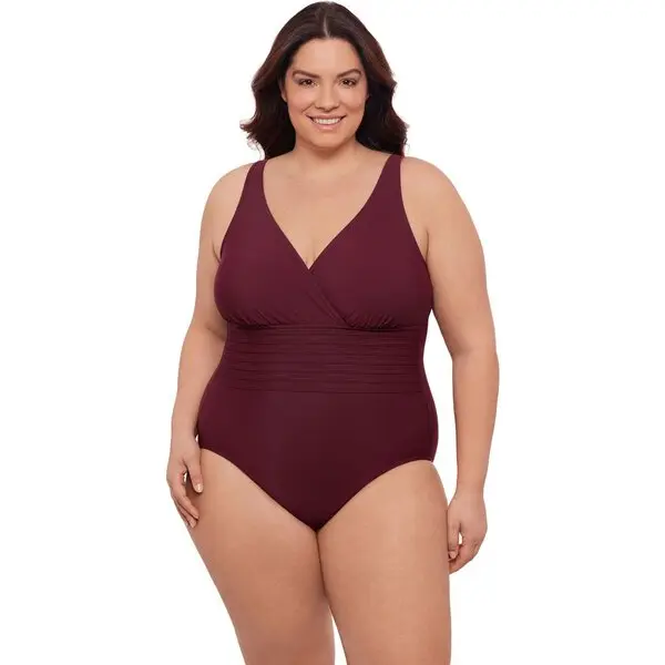 AQUA GREEN V-neck Surplice Trim Overlay Full Coverage One-piece Swimsuit - Currant