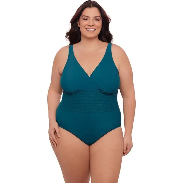 AQUA GREEN V-neck Surplice Trim Overlay Full Coverage One-piece Swimsuit - Lagoon
