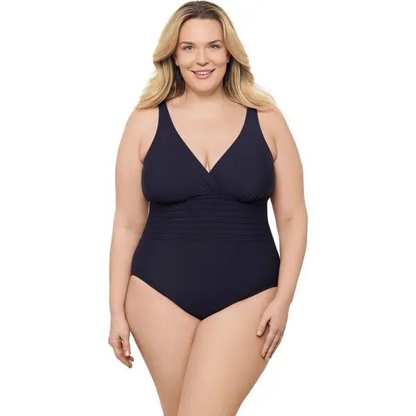 AQUA GREEN V-neck Full Coverage One-piece Swimsuit - True Navy