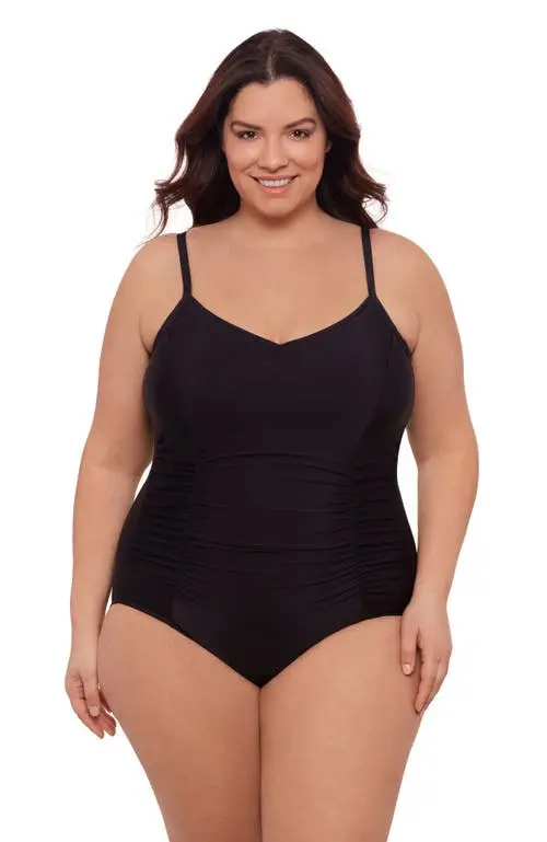 AQUA GREEN Princess Seam V-neck Side Shirred Adjustable One-piece Swimsuit - Black