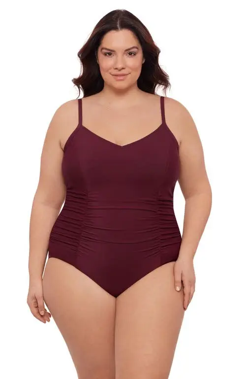 AQUA GREEN Princess Seam V-neck Side Shirred Adjustable One-piece Swimsuit - Currant