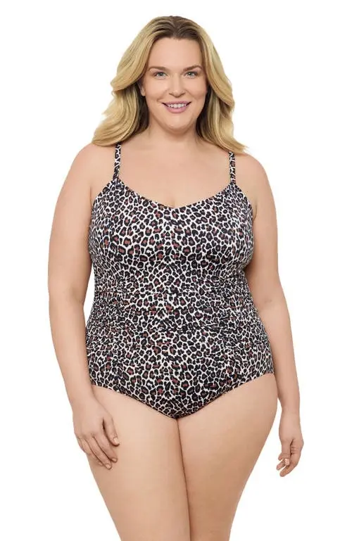 AQUA GREEN Princess Seam V-neck Side Shirred Adjustable One-piece Swimsuit - Desert Leopard