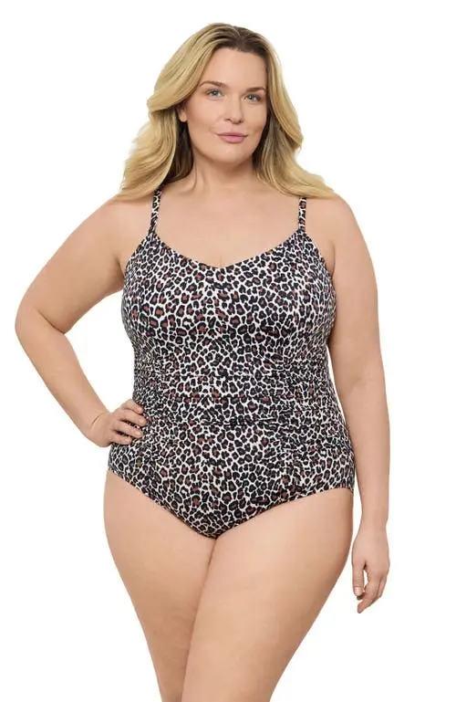 AQUA GREEN Princess Seam V-neck Side Shirred Adjustable One-piece Swimsuit - Desert Leopard