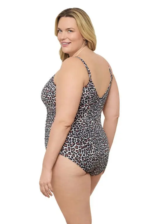AQUA GREEN Princess Seam V-neck One-piece Swimsuit - Desert Leopard