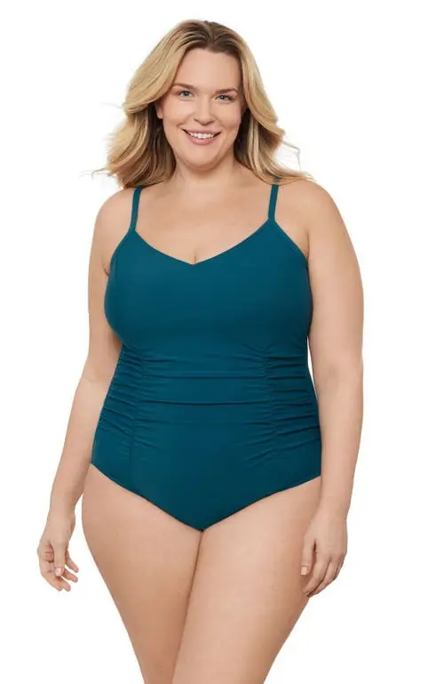 AQUA GREEN Princess Seam V-neck Side Shirred Adjustable One-piece Swimsuit - Lagoon