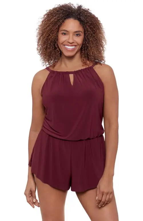 AQUA GREEN Keyhole Blouson Slimming Swimsuit Romper With Pockets - Currant