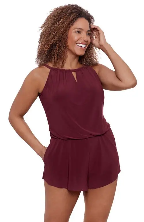 AQUA GREEN Keyhole Blouson Swimsuit Romper - Currant