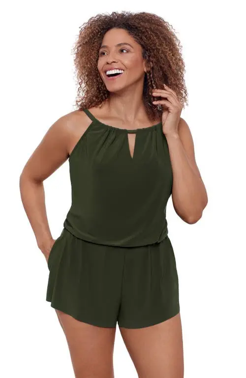 AQUA GREEN Keyhole Blouson Slimming Swimsuit Romper With Pockets - Malachite