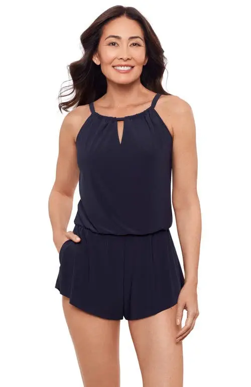 AQUA GREEN Keyhole Blouson Swimsuit Romper - True Navy