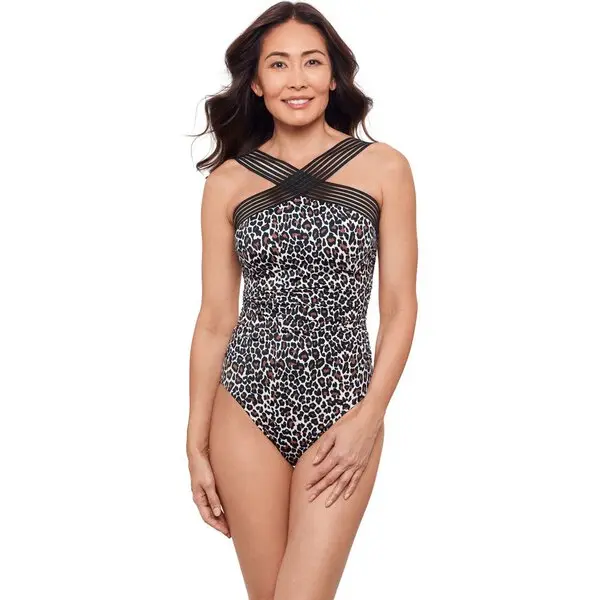 AQUA GREEN High Neck Novelty Trim One-piece Swimsuit - Desert Leopard